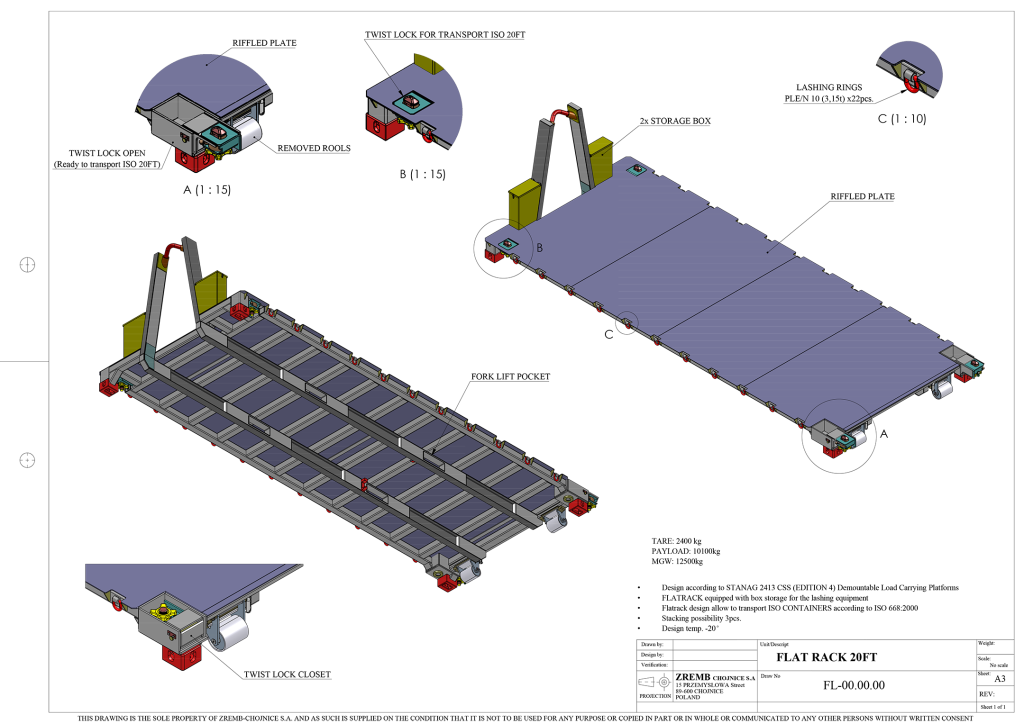 Military transport platform / Flat Rack 20 ft – ZREMB Chojnice S.A.